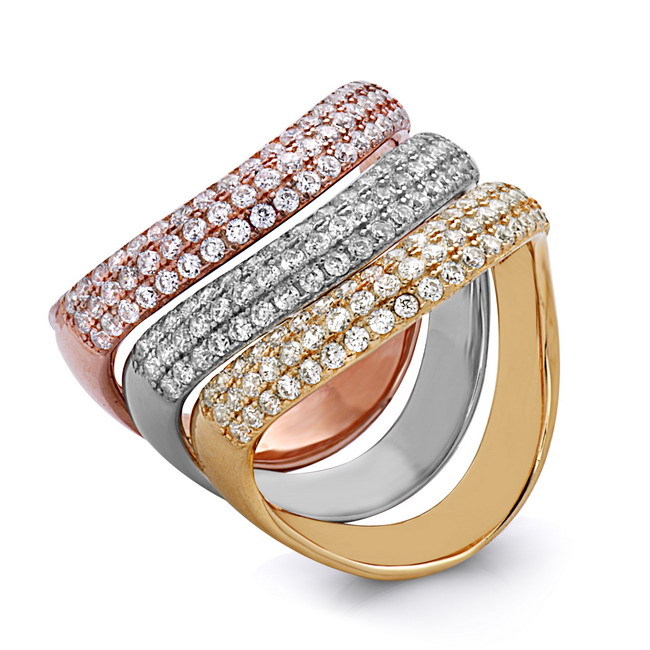 Three Tone Color Triple Ring .925 Sterling Silver CZ Three Piece Wave ...