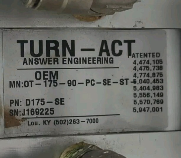 TURN-ACT M/N OT-175-90-PC-SE-ST ROTARY ACTUATOR P/N D175-SE S/N J169225 ...