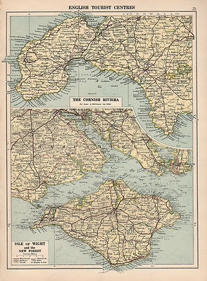 1930 MAP ~ ENGLISH TOURIST CENTRES ~ CORNISH RIVIERA ~ ISLE OF WIGHT ...