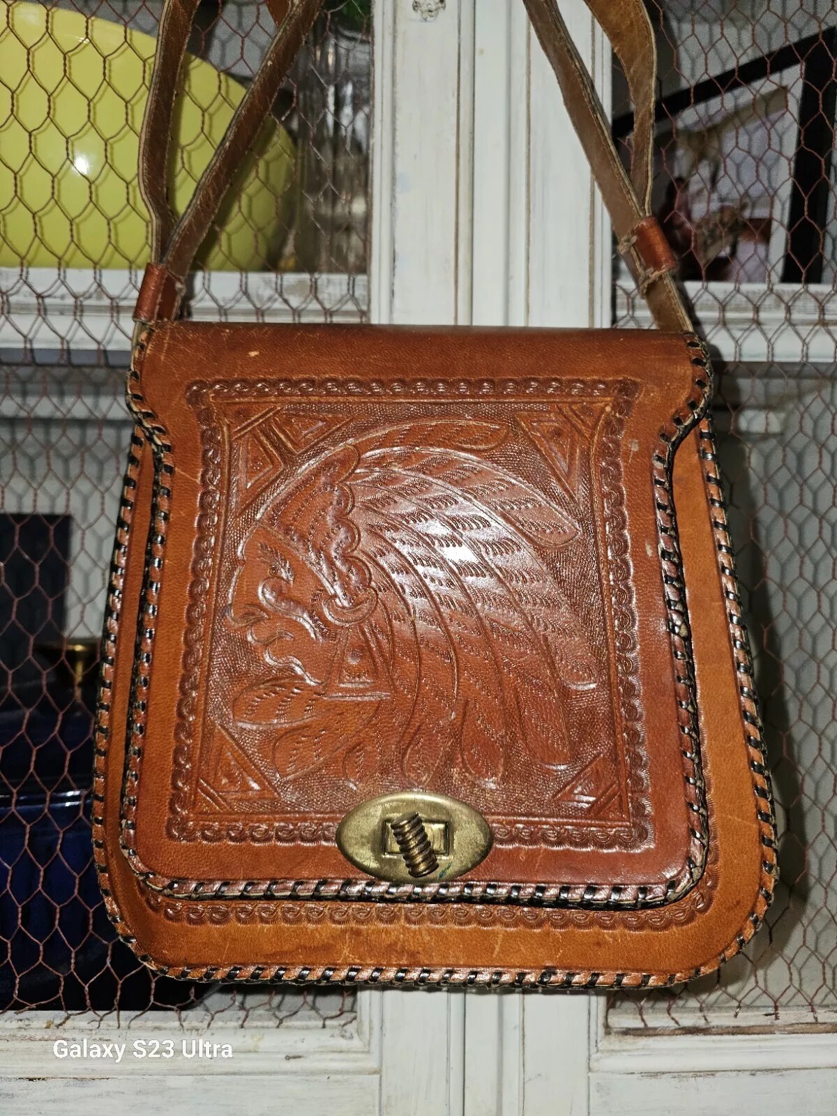 Native American Vintage Hand Tooled Leather Handbag - Gem