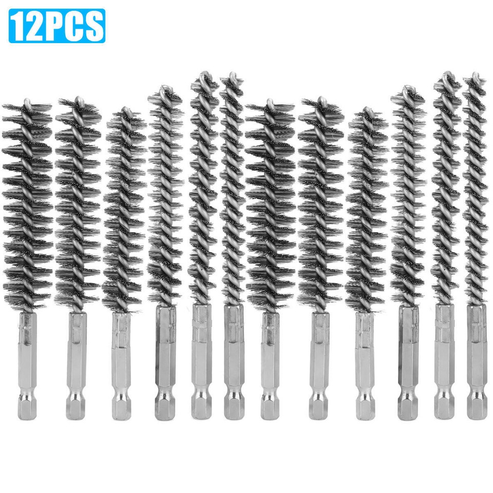 12PCS 1/4" Hex Shank Stainless Steel Bore Cleaning Brushes Set for ...