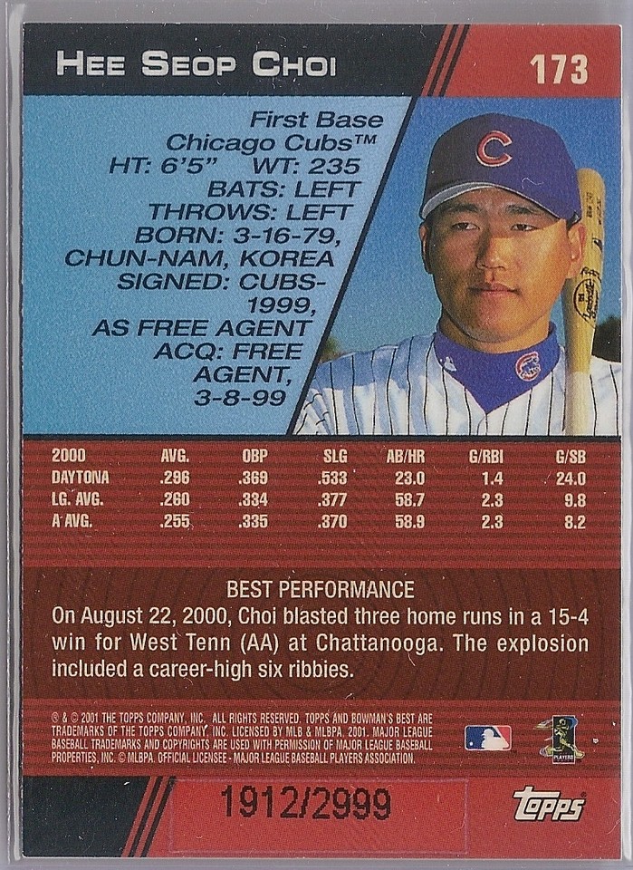 2001 BOWMAN'S BEST HEE SEOP CHOI ROOKIE #173 #'D 1912/2999 BOWMAN | eBay