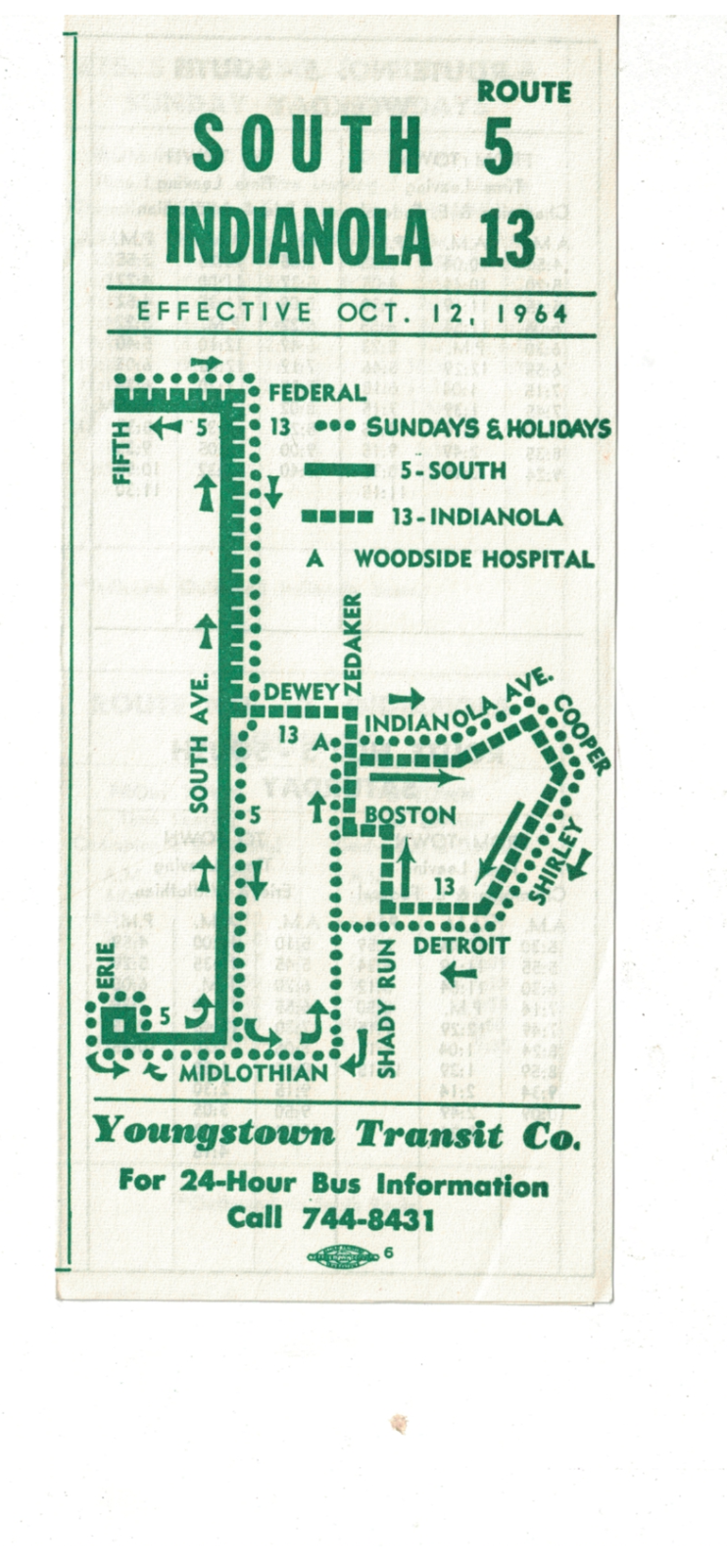 Vintage 1964 Youngstown OH Bus Schedule & Route Map Route 5 & 13 | eBay