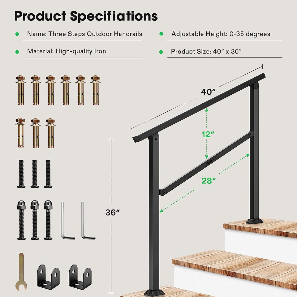 VIVOSUN 2 Pack 3 Step Wrought Iron Handrail Stair Railing 40"x36" 0-35 ...