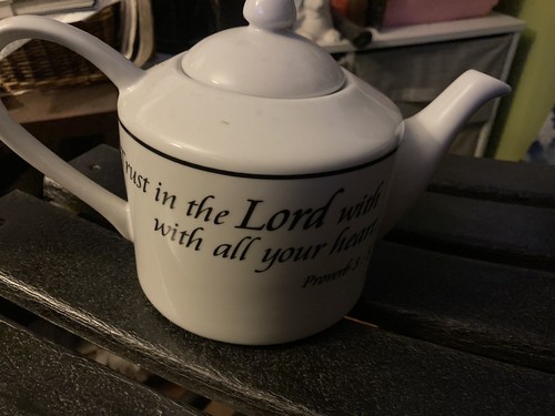 Lg 10x6x6" Coventry Daily Blessings White Bible Teapot w/ Lid Handle ...