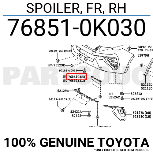 768510K030 Genuine Toyota SPOILER, FR, RH 76851-0K030 | eBay