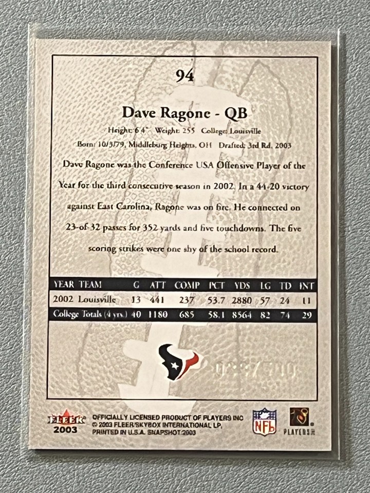 2003 Fleer Snapshot Dave Ragone Silver Rookie RC SP /500 #94 Texans | eBay
