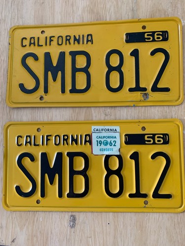 California 1956 Yellow License Plate Pair DMV Clear SMP 812 1962 ...