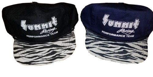 Two Vtg Summit Racing snapback hats USA zebra print black and blue lot ...