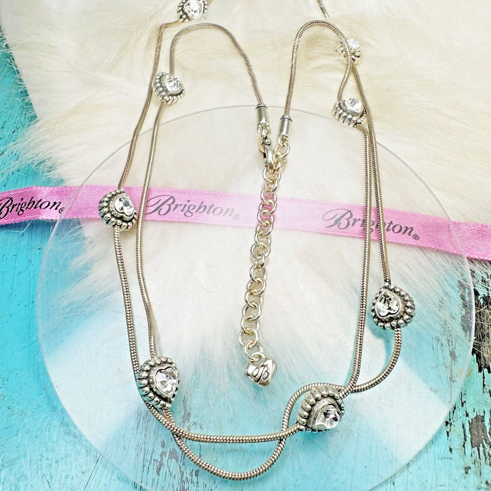 Brighton Twinkle Crystal HEART Long Necklace Snake Chain 32-34" Silver ...