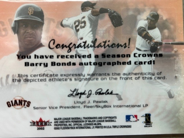 Barry Bonds Signed 2002 Fleer Triple Crown Season Crowns Card Gold ...