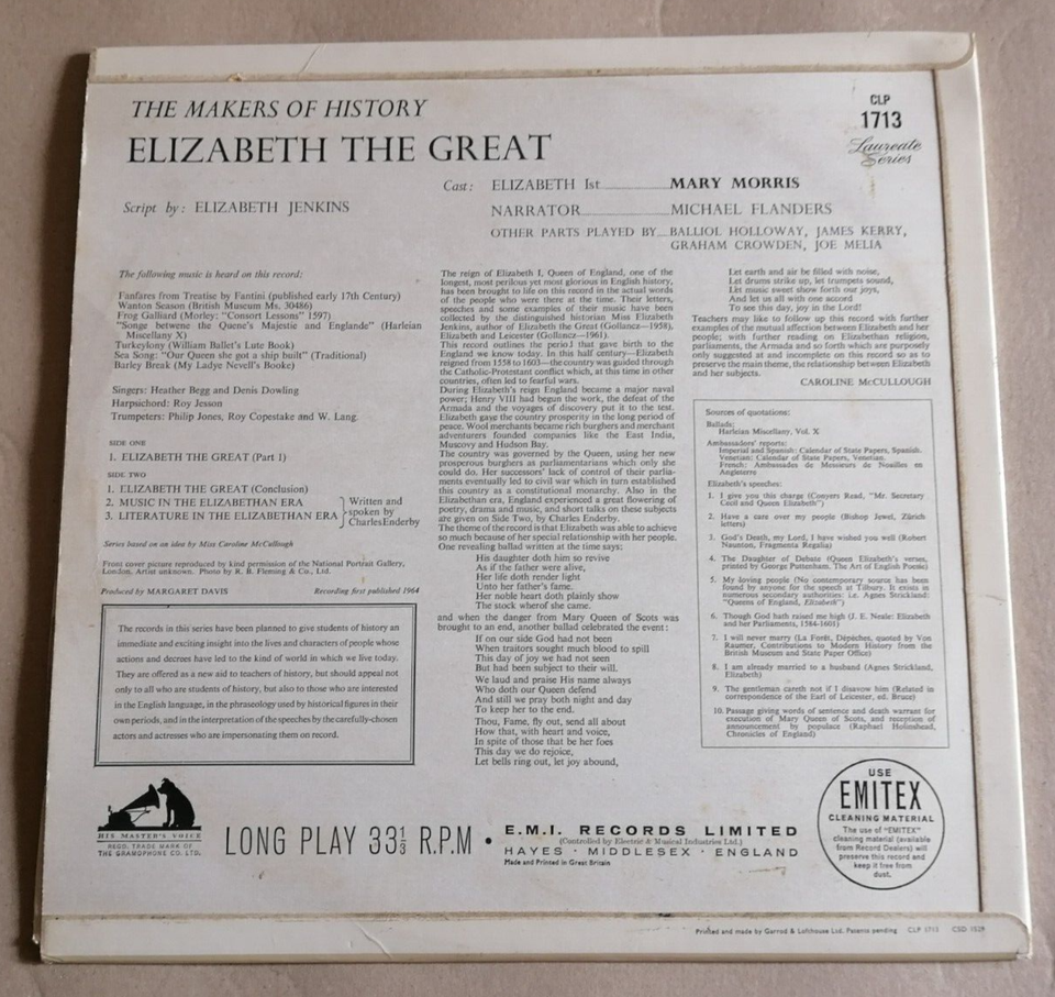Elizabeth the Great with Mary Morris LP the Makers of History HMV CLP ...