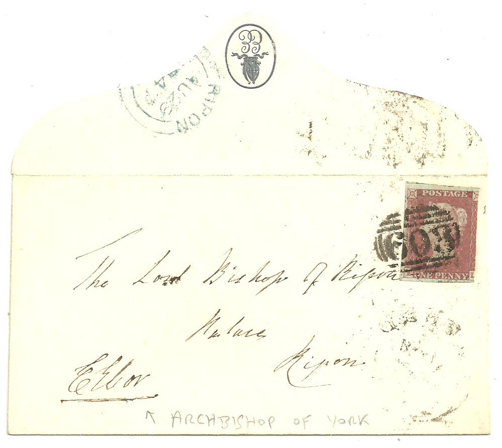 1841 1D RED ENVELOPE SIGNED EBOR BISHOP OF YORK 1847 WITH CREST FROM ...
