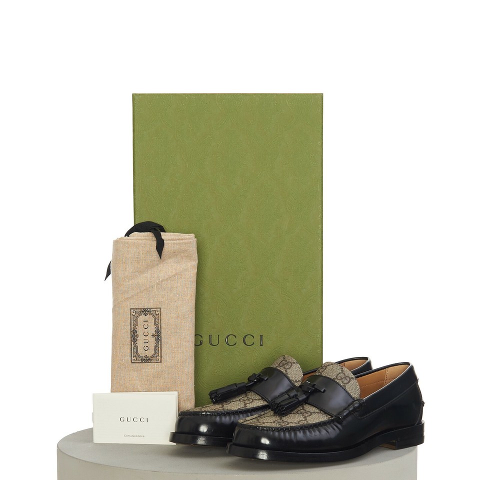 GUCCI 920$ Men's GG Loafer - Tassel, Black Leather & Ebony GG Canvas | eBay
