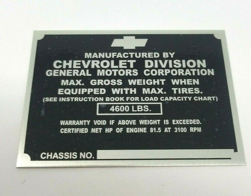 Chevrolet Chevy 1/2 Ton Pickup Truck ID Identification Plate 1942-1946 ...
