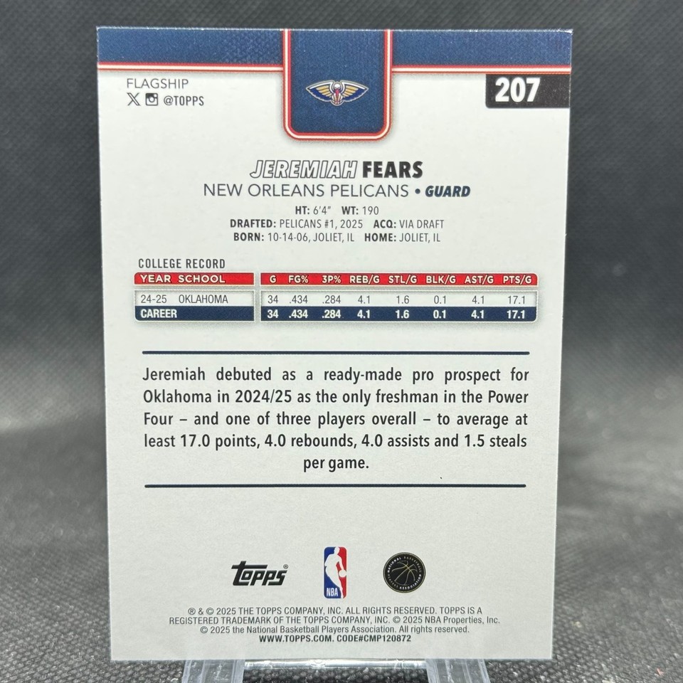 2025-26 Topps Basketball Jeremiah Fears Sandglitter Rookie Pelicans ...