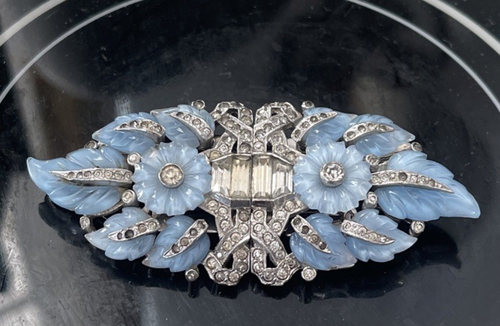 VINTAGE JOMAZ DUETTE ART DECO SIGNED BLUE PASTE FLORAL BROOCH DRESS FUR ...