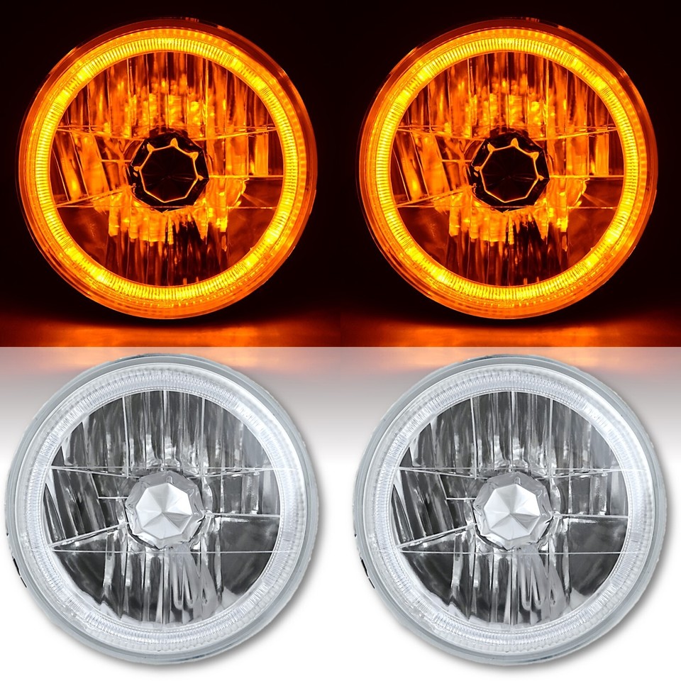 7" Halogen H4 Headlight Headlamp Amber LED Halo Angel Eyes Light Bulbs ...