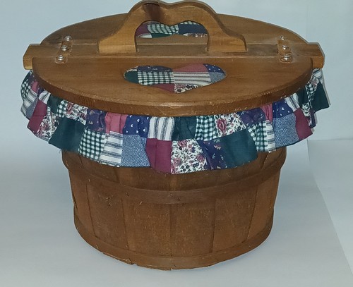 VINTAGE FABRIC LINED BUSHEL FLIP TOP SEWING BASKET WITH HEART SHAPED ...