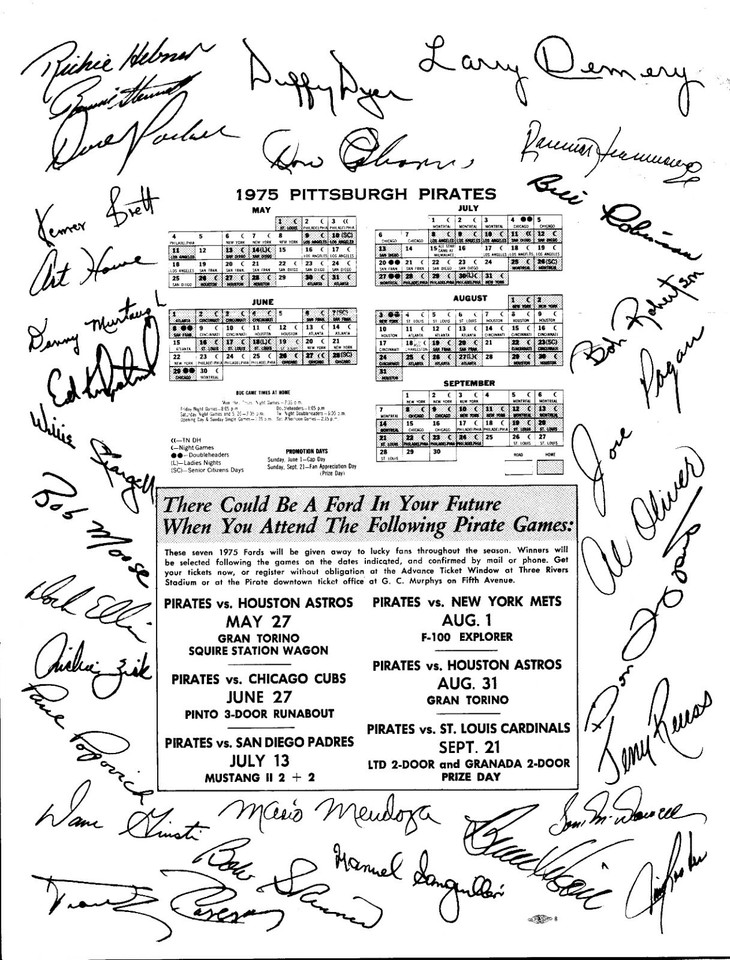1975 PITTSBURGH PIRATES TEAM PHOTO AND AUTOGRAPHED FACSIMILE SCHEDULE ...