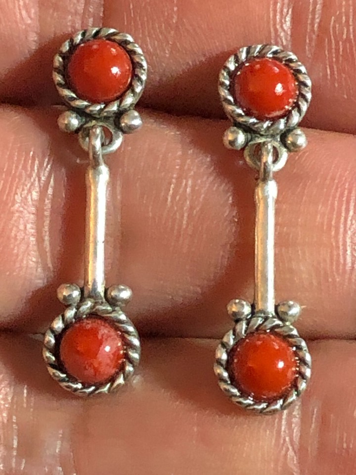VTG Sterling Silver Earrings Red Coral Cab Stick Dangle 1" 3g 925 7428 ...
