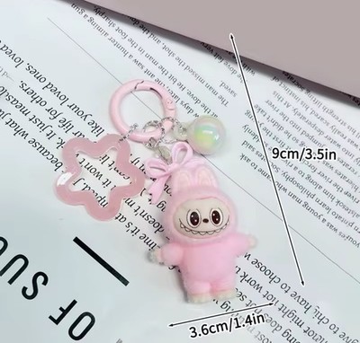 Pink Standing LABUBU Flocked Mini Keychains Bag Car KeyChain Pendant ...