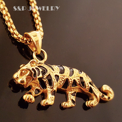 New Gold Stainless Steel Tiger Charm Pendant & 24" Round Box Chain ...
