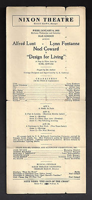 Noel Coward "DESIGN FOR LIVING" Lunt & Fontanne 1933 Pittsburgh Tryout ...