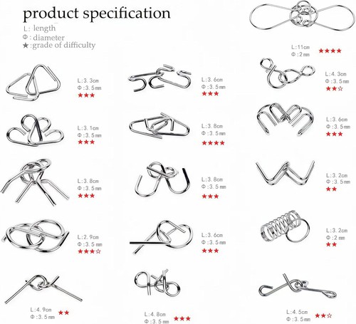 Metal Wire Puzzle Set of 24 with Pouch,Brain Teaser IQ Test Trick Toy ...