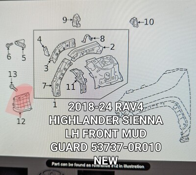 2019-2023 TOYOTA FRONT LEFT INNER SPLASH MUD SHIELD GUARD 53737-0R010 ...