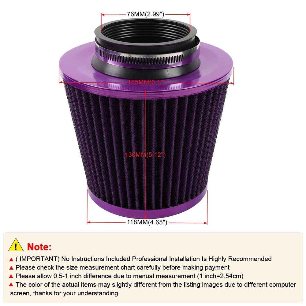 Purple 3" 76mm High Flow Inlet Cold Air Intake Cone Replacement Dry Air ...