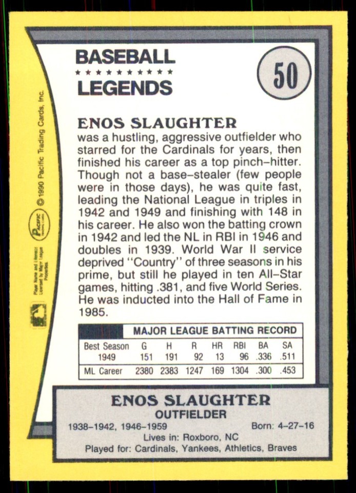 1990 Pacific Enos Slaughter Baseball Cards #50 | eBay