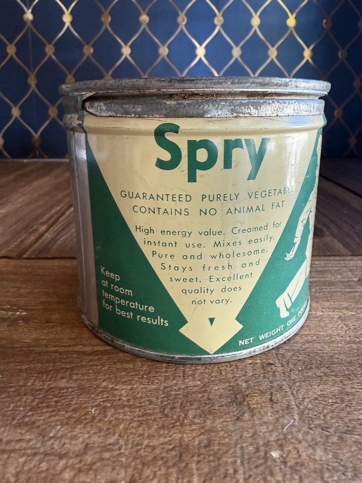 Antique 1940's Spry Pure Vegetable Shortening Baking Kitchen Tin Lever ...