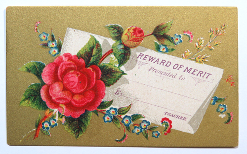 Victorian Reward Of Merit Card School Souvenir Red Blue Flowers Unused ...