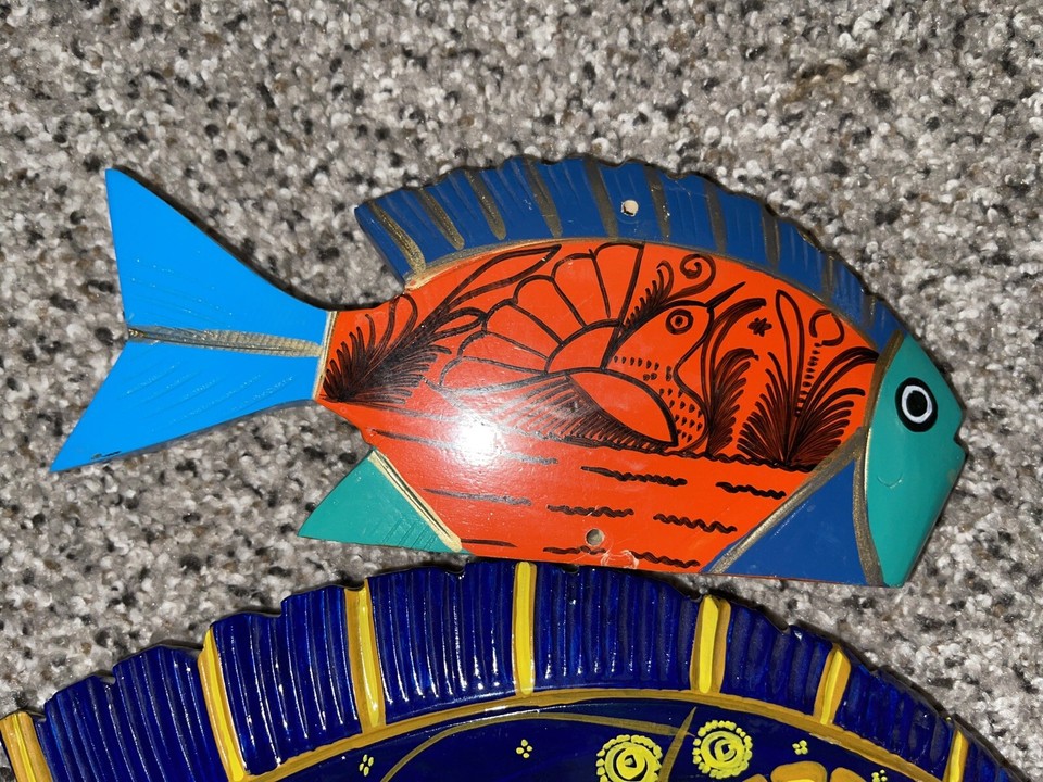 Large Hand Painted Fish Wooden Decor Tropical Shelf Sitter Set Hand ...