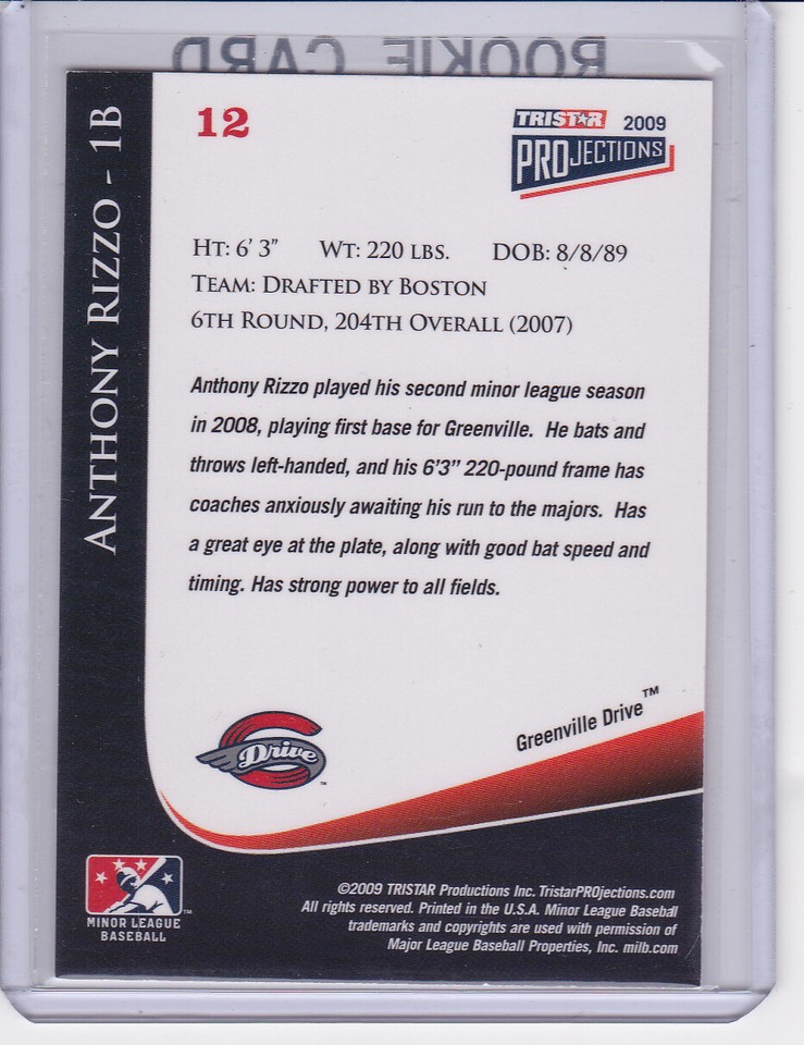ANTHONY RIZZO ROOKIE CARD 2009 Tristar Projections RC Red Sox CHICAGO ...