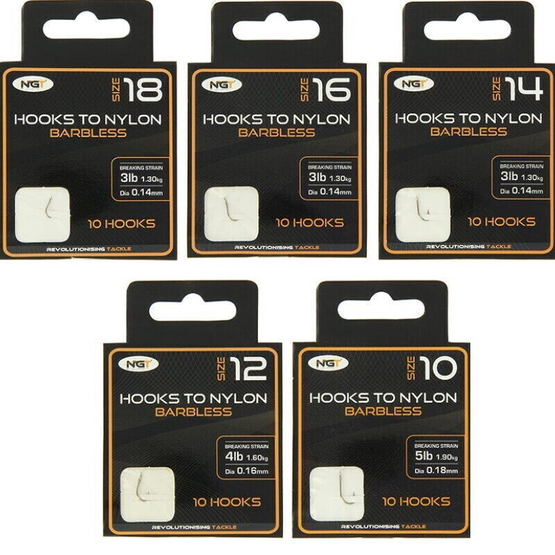 NGT Barbless Hooks To Nylon SIZES 10, 12, 14, 16 & 18 Match Coarse Carp ...