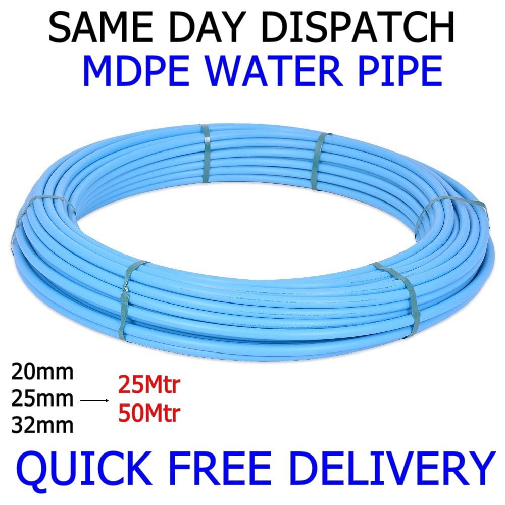 Blue MDPE Plastic Mains Water Pipe 20mm 25mm 32mm x 25mtr 50mtr WRAS ...