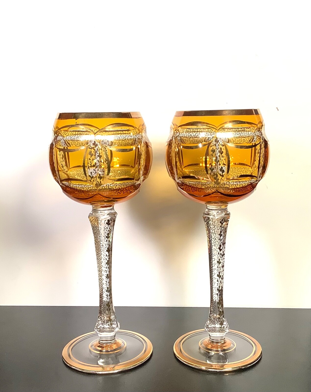VINTAGE BOHEMIAN MOSER ORANGE CABOCHON CRYSTAL WINE GOBLETS | eBay