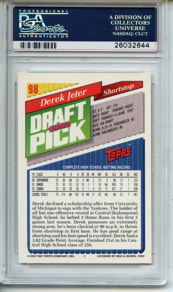 1993 Topps Gold #98 Derek Jeter Rookie Card PSA 9 Mint New York Yankees ...