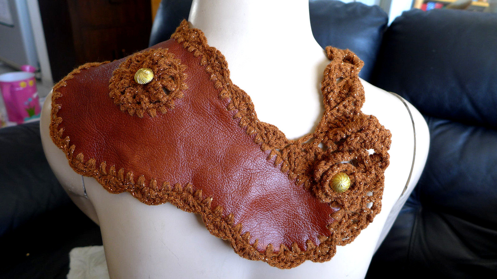 Handmade Statement Necklace Brown Lether Crocheted Thread Steampunk ...