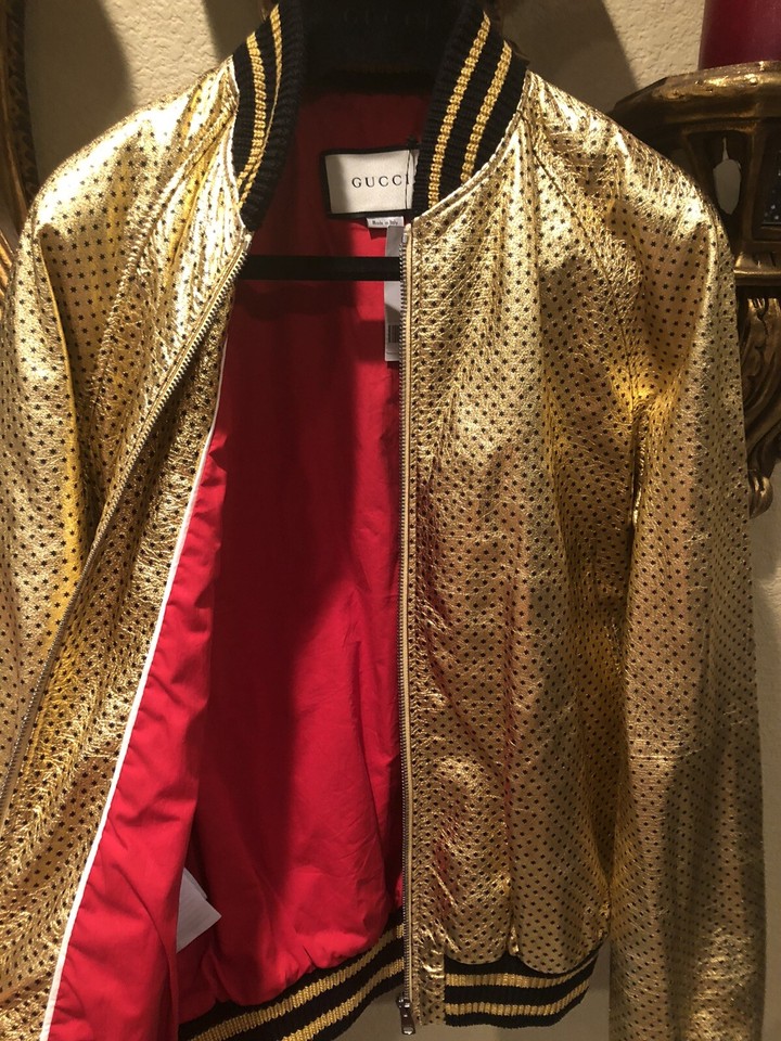 100% Authentic GUCCI “ GUCCY “Print SEGA Gold Bomber leather Jacket ...