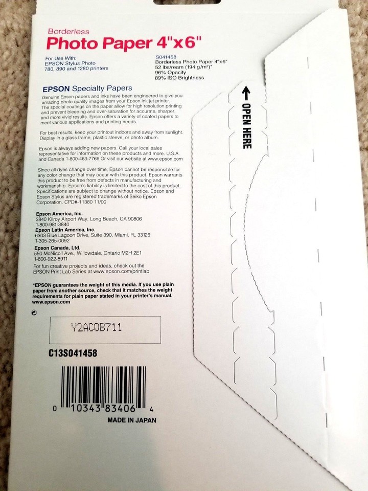 NEW SEALED Epson Glossy Photo Paper Borderless 20 Sheets 4 x 6 Inches ...