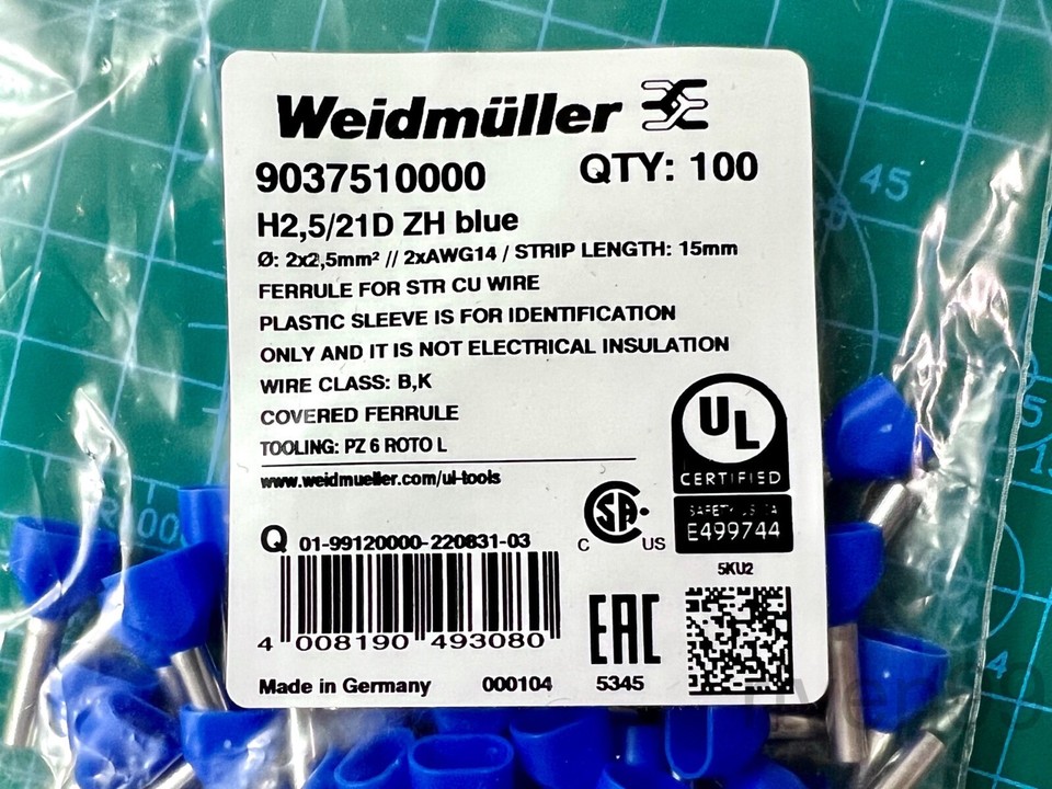 Lot 100pcs Weidmuller Dual/Twin Wire Ferrules 2x14AWG, H2.5/21D ZH ...