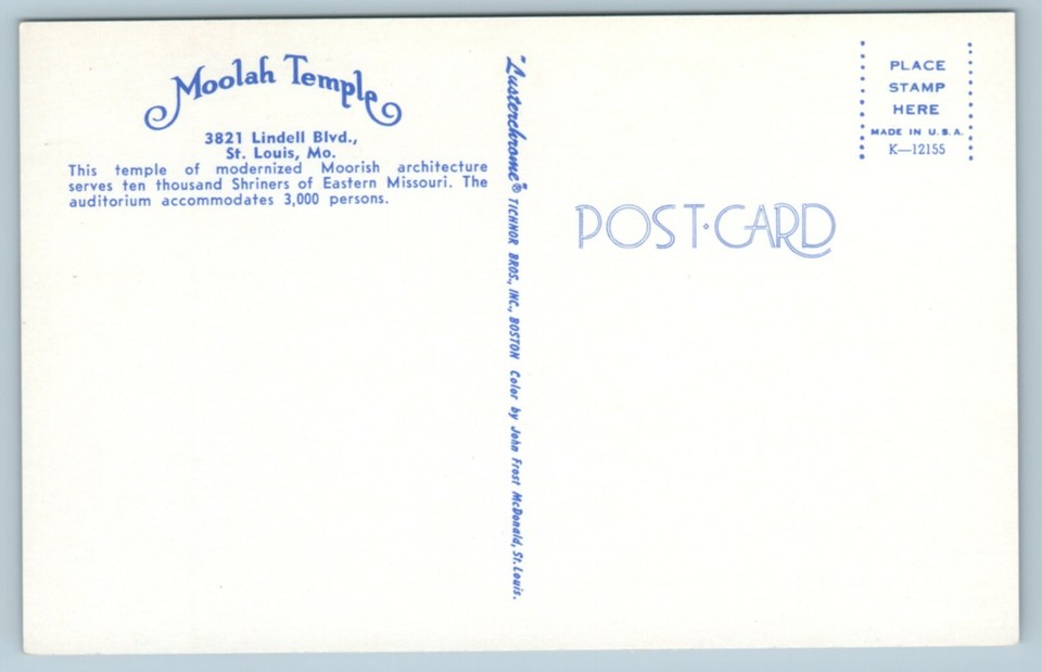 Moolah Temple St. Louis Missouri MO VTG Postcard Shriners | eBay