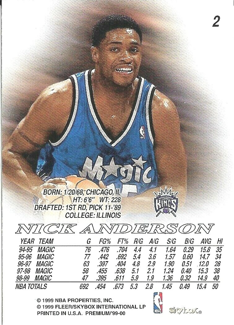 1999-2000 Skybox Premium Nick Anderson 2 Orlando Magic Basketball Card ...