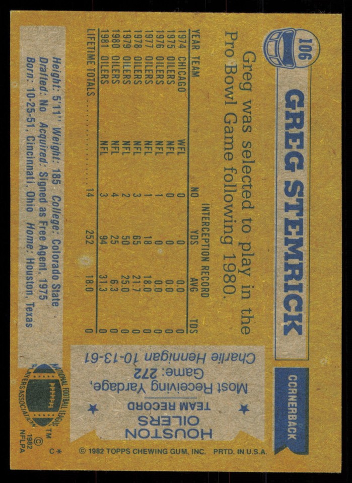 1982 Topps Football #106 Greg Stemrick Houston Oilers | eBay
