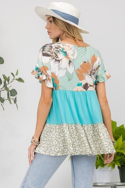 Celeste Printed Color Block Ruffled Short Sleeve Top | eBay