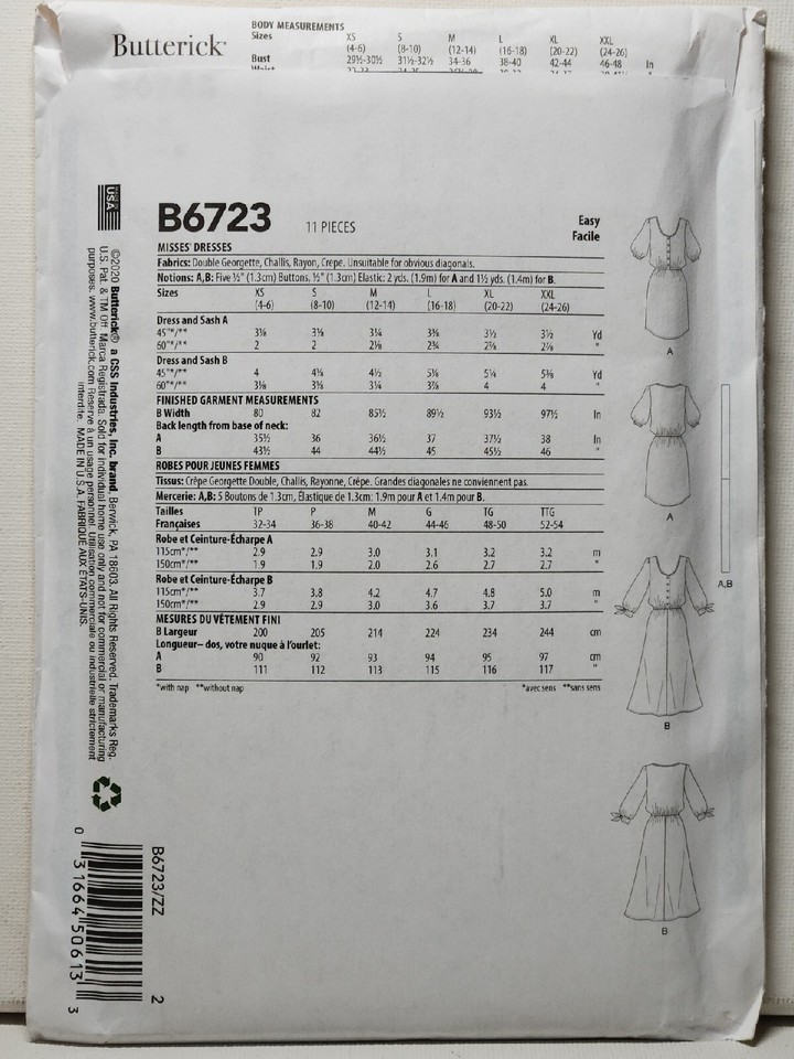 Butterick B6723 Misses Dress sew pattern sz L XL XXL | eBay