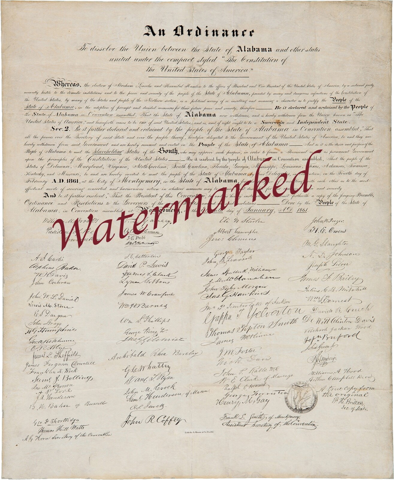 Alabama 1861 COPY Ordinance of Secession 14" X 17" | eBay